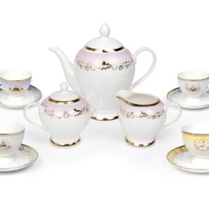 Disney Princess 13-Piece Ceramic Tea Set | Ariel, Cinderella, Jasmine, Belle, Aurora | Tea Party Gift Set For Home Kitchen | Includes Teapot, Cups, Saucers | Place Setting For 4