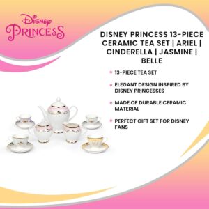 Disney Princess 13-Piece Ceramic Tea Set | Ariel, Cinderella, Jasmine, Belle, Aurora | Tea Party Gift Set For Home Kitchen | Includes Teapot, Cups, Saucers | Place Setting For 4