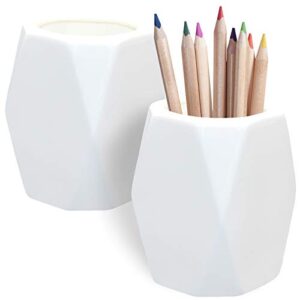 2 pack ceramic pencil holder,white geometric pen cup makeup brush holder for girls women,desk accessories holder,durable desktop organizer pen holder ideal gift for office home (white)