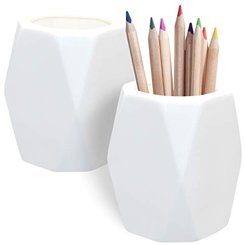 2 Pack Ceramic Pencil Holder,White Geometric Pen Cup Makeup Brush Holder for Girls Women,Desk Accessories Holder,Durable Desktop Organizer Pen Holder Ideal Gift for Office Home (White)