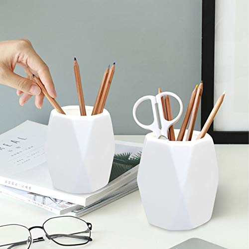 2 Pack Ceramic Pencil Holder,White Geometric Pen Cup Makeup Brush Holder for Girls Women,Desk Accessories Holder,Durable Desktop Organizer Pen Holder Ideal Gift for Office Home (White)