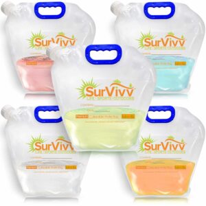 survivv premium collapsible water container bag, no-leak, freezable, odorless, flat folding, bpa free food grade clear plastic storage tank for sports outdoors camping (1.3 gal 5pk)