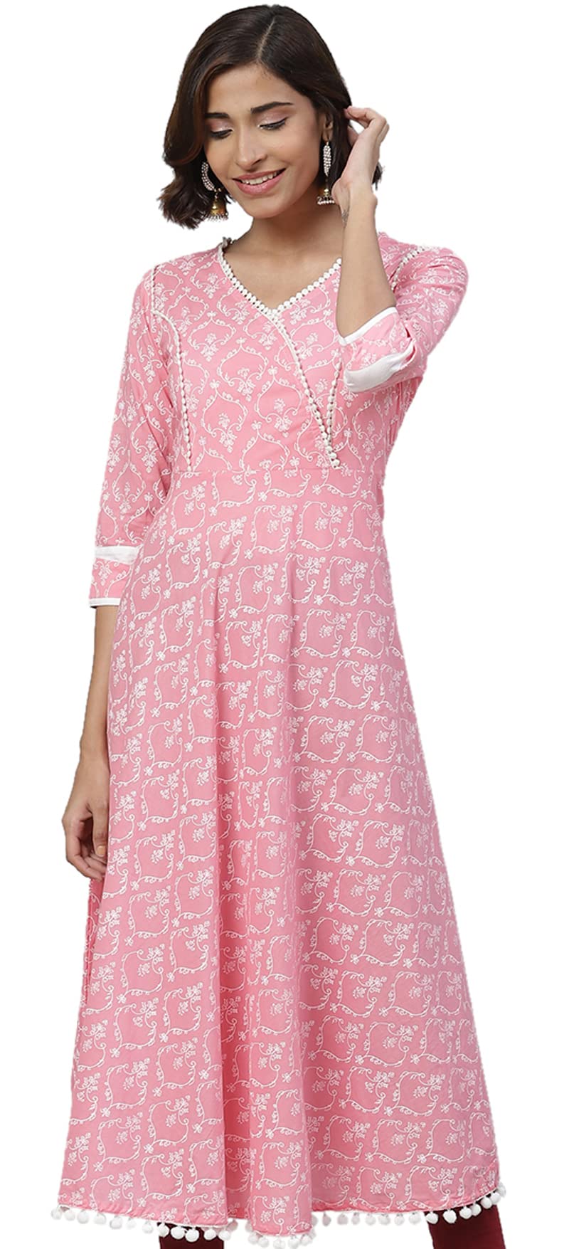 Yash Gallery Women's Cotton Floral Print Anarkali Kurtis (Light Pink)