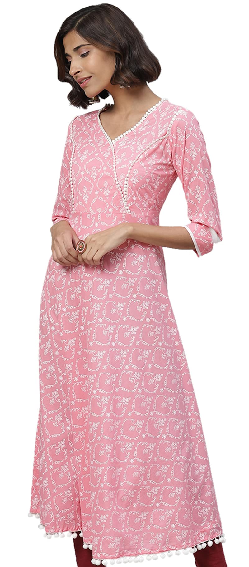 Yash Gallery Women's Cotton Floral Print Anarkali Kurtis (Light Pink)