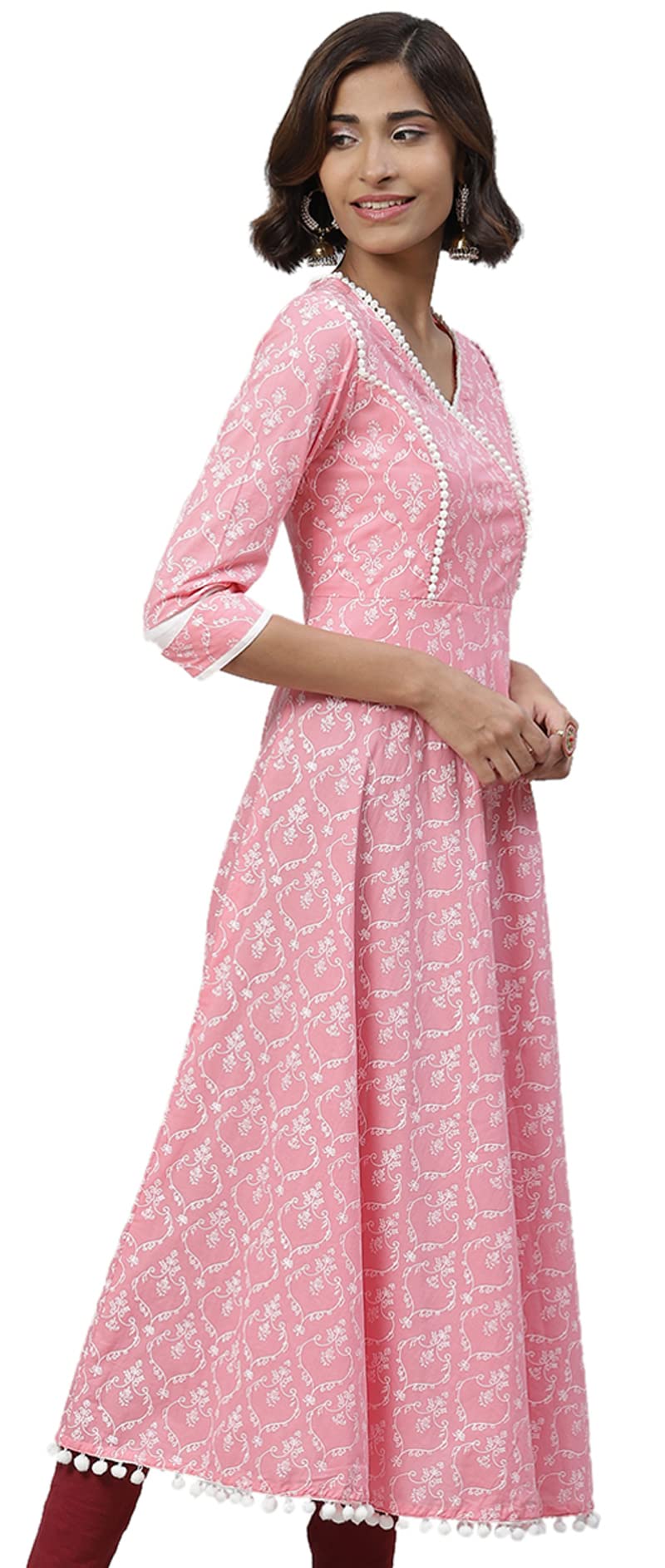 Yash Gallery Women's Cotton Floral Print Anarkali Kurtis (Light Pink)