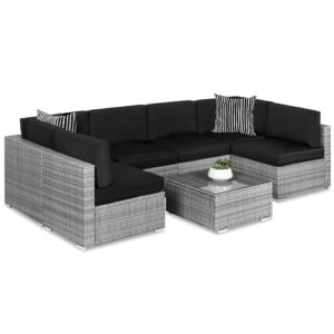 best choice products 7-piece modular outdoor sectional wicker patio conversation set w/ 2 pillows, coffee table, cover included - gray/black