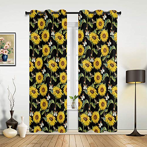 Big buy store Blackout Curtains Panels Sunflower Bee Butterfly Thermal Insulated Grommet Window Curtains Black Room Darkening Curtain Drapes for Bedroom & Living Room 52inches W x 96inches L