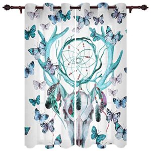 big buy store blackout curtains panels butterfly deer skeleton thermal insulated grommet window curtains blue room darkening curtain drapes for bedroom & living room 52inches w x 84inches l