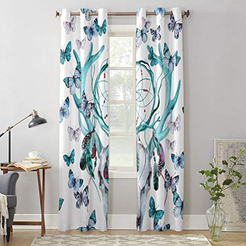 Big buy store Blackout Curtains Panels Butterfly Deer Skeleton Thermal Insulated Grommet Window Curtains Blue Room Darkening Curtain Drapes for Bedroom & Living Room 52inches W x 84inches L