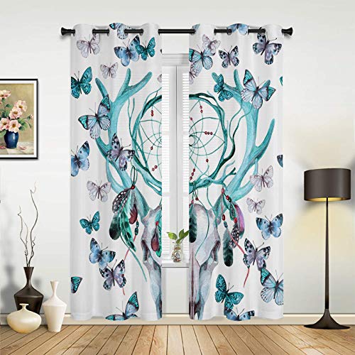 Big buy store Blackout Curtains Panels Butterfly Deer Skeleton Thermal Insulated Grommet Window Curtains Blue Room Darkening Curtain Drapes for Bedroom & Living Room 52inches W x 84inches L