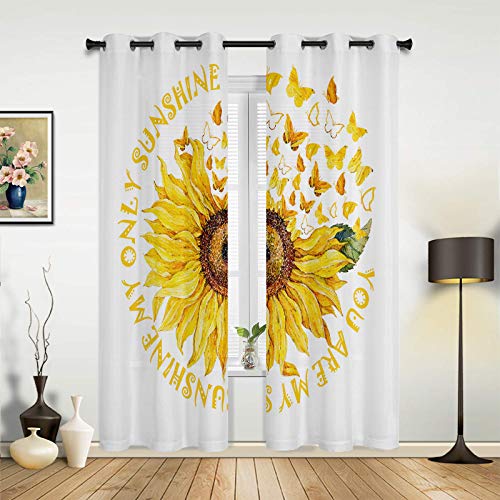 Big buy store Blackout Curtains Panels Sunflower Butterfly Thermal Insulated Grommet Window Curtains White Background Room Darkening Curtain Drapes for Bedroom & Living Room 40inches W x 84inches L