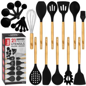 kaluns silicone kitchen utensils set, premium non stick silicone cooking utensils set - 21 pcs wooden handle silicone spatula set 446°f heat resistant - kitchen gadgets home essentials