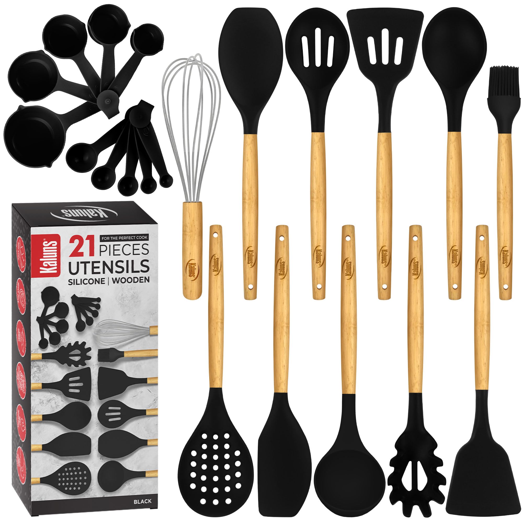 Kaluns Silicone Kitchen Utensils Set, Premium Non Stick Silicone Cooking Utensils Set - 21 Pcs Wooden Handle Silicone Spatula Set 446°F Heat Resistant - Kitchen Gadgets Home Essentials