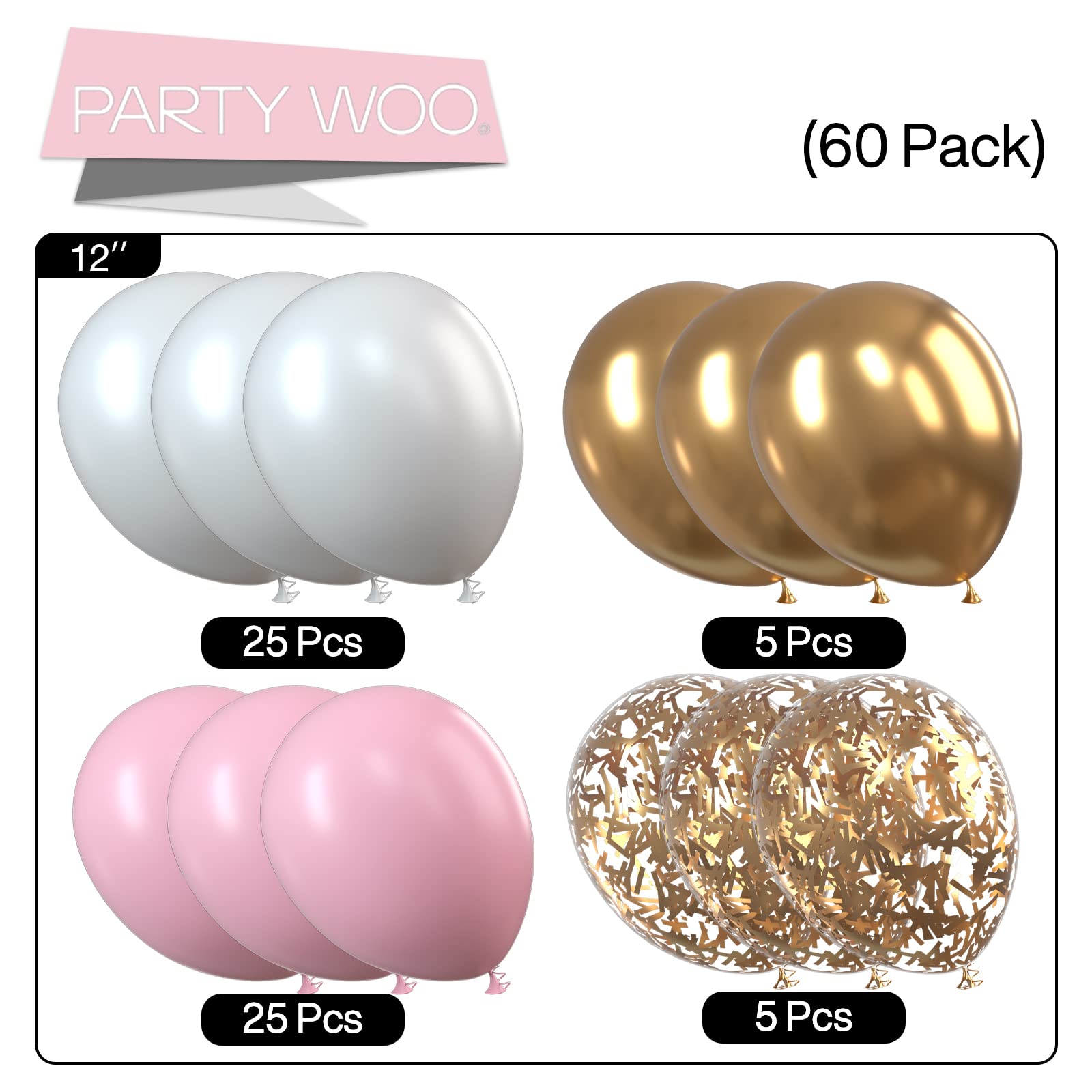 PartyWoo Pink and Gold Balloons, 60 pcs Pink Balloons, Metallic Balloons, Gold Confetti Balloons, White Balloons, Party Balloons, Latex Balloons, Birthday Party Decorations, Pink Party Decorations