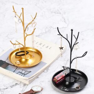 ChezMax Jewelry Display Necklace Earring Organizer Holder Metal Birds Tree Stand with Tray Antique Bracelet Rings Rack Tower Decoration for Women Girl Gold 9.4 Inch