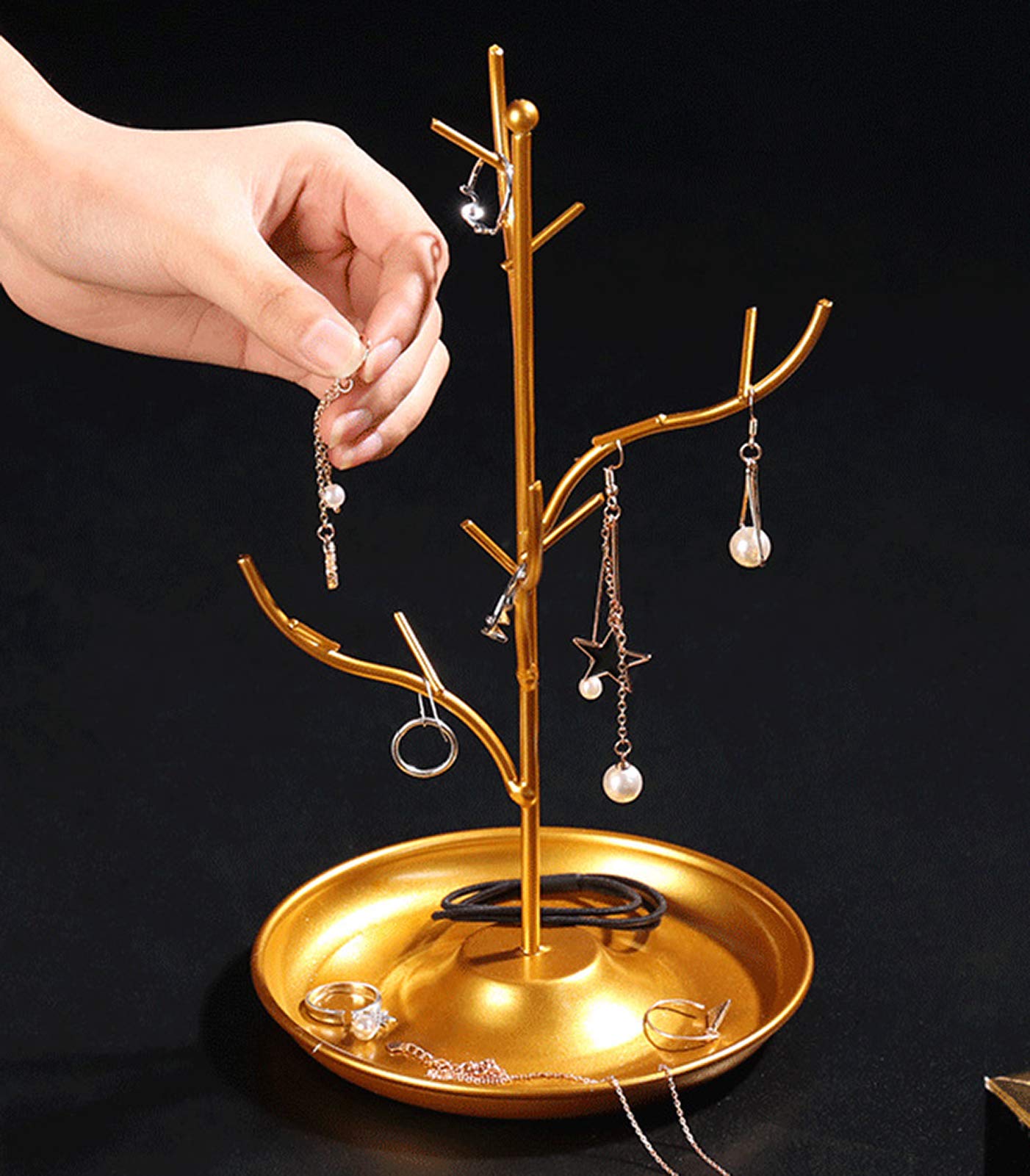 ChezMax Jewelry Display Necklace Earring Organizer Holder Metal Birds Tree Stand with Tray Antique Bracelet Rings Rack Tower Decoration for Women Girl Gold 9.4 Inch