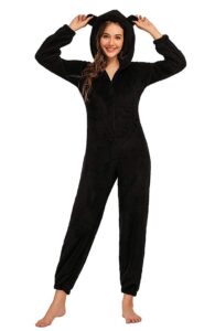 chouyatou women's ultra comfy lounge furry sherpa romper onesie pajamas cute ear hood (large, black)