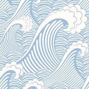 blooming wall cps030 peel&stick handpainting seamless blue white waves sea sprays self-adhesive prepasted wallpaper wall mural (17.7“x118”)