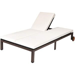 hpw 2 person pe rattan outdoor chaise lounge lounger recliner chair sunbathing bed soft non-woven thick sponge cushion 2 separate 5 adjustable backrest position brown & cream white 81x50x12.5~35 (in)