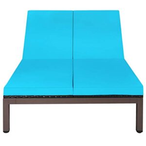 Blue 2 Person PE Rattan Outdoor Chaise Lounge Lounger Recliner Chair Sunbathing Bed Soft Non-Woven Thick Sponge Cushion 2 Separate 5 Adjustable Backrest Position Perfect For Patio Beach Poolside Using