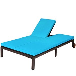 blue 2 person pe rattan outdoor chaise lounge lounger recliner chair sunbathing bed soft non-woven thick sponge cushion 2 separate 5 adjustable backrest position perfect for patio beach poolside using