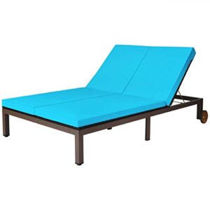 Blue 2 Person PE Rattan Outdoor Chaise Lounge Lounger Recliner Chair Sunbathing Bed Soft Non-Woven Thick Sponge Cushion 2 Separate 5 Adjustable Backrest Position Perfect For Patio Beach Poolside Using