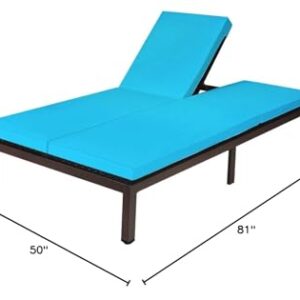 Blue 2 Person PE Rattan Outdoor Chaise Lounge Lounger Recliner Chair Sunbathing Bed Soft Non-Woven Thick Sponge Cushion 2 Separate 5 Adjustable Backrest Position Perfect For Patio Beach Poolside Using