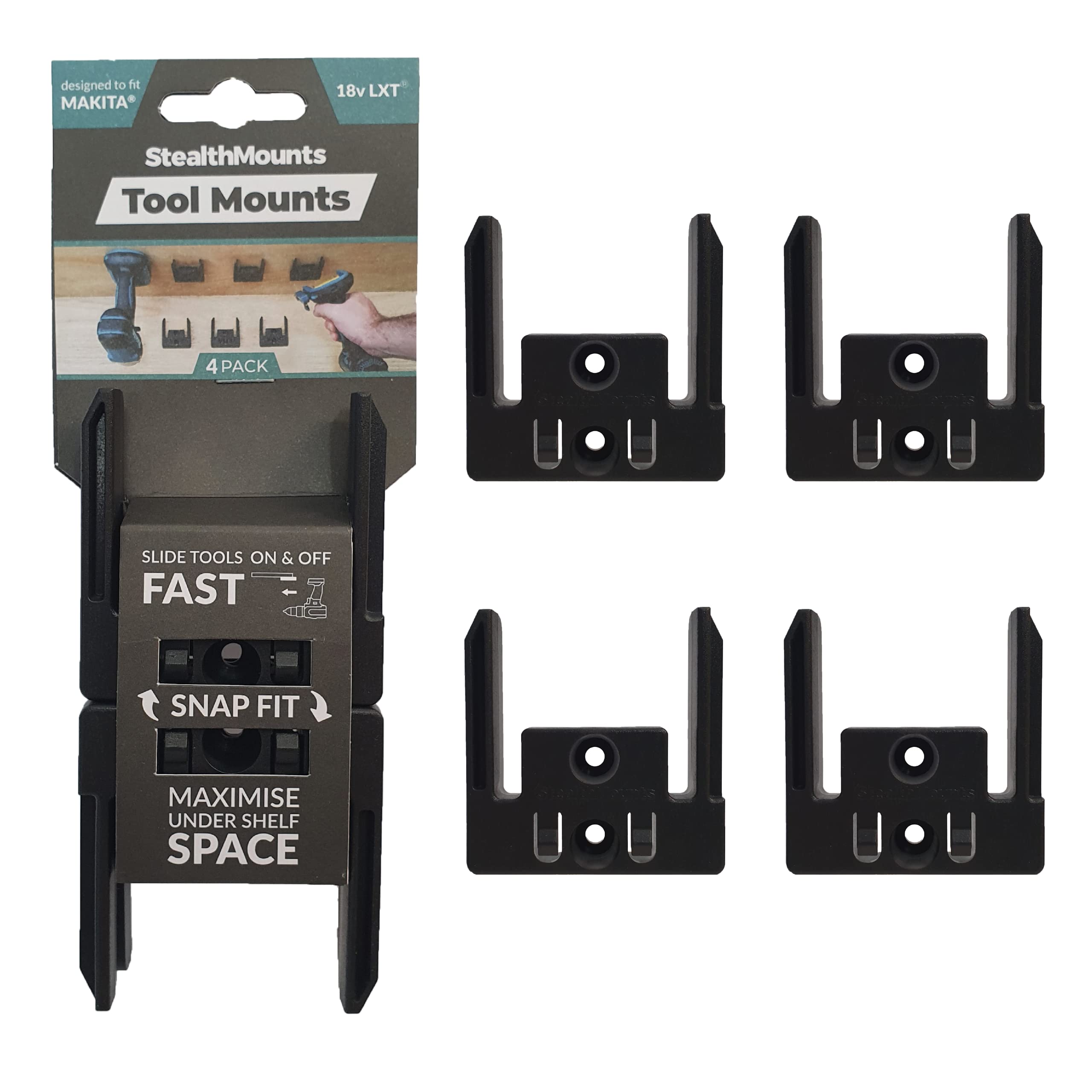 StealthMounts Locking Makita Tool Holder 4 Pack of Makita Tool Mount | Makita Tool Storage | Makita 18V Tool Holder | Makita Drill Holder | 18V Makita Tool Mount | Makita Tool Clip | Made in UK