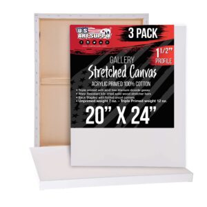 u.s. art supply 20 x 24 inch gallery depth 1-1/2" profile stretched canvas, 3-pack - 12-ounce acrylic gesso triple primed, professional artist quality, 100% cotton - acrylic pouring, oil painting