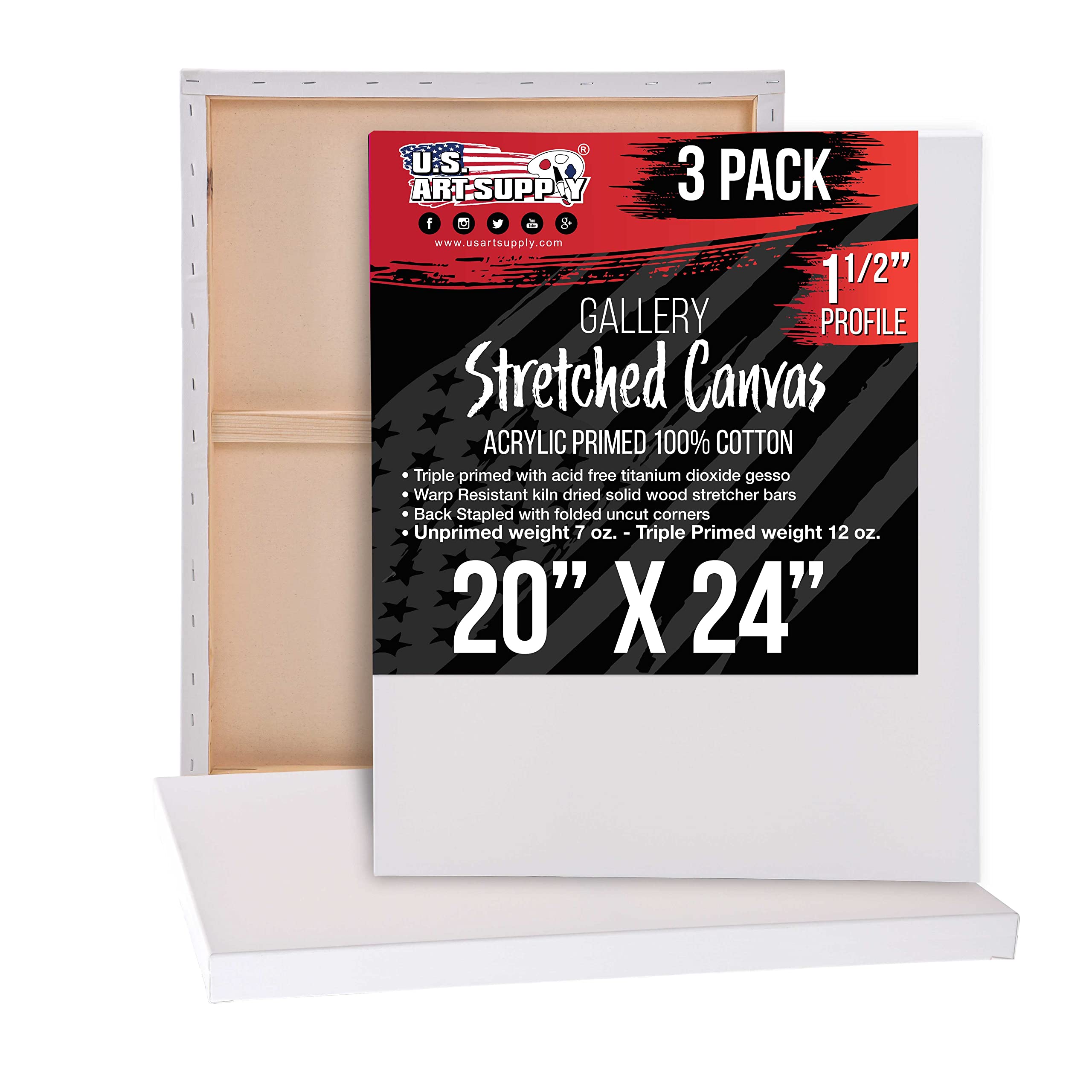 U.S. Art Supply 20 x 24 inch Gallery Depth 1-1/2" Profile Stretched Canvas, 3-Pack - 12-Ounce Acrylic Gesso Triple Primed, Professional Artist Quality, 100% Cotton - Acrylic Pouring, Oil Painting