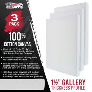 U.S. Art Supply 20 x 24 inch Gallery Depth 1-1/2" Profile Stretched Canvas, 3-Pack - 12-Ounce Acrylic Gesso Triple Primed, Professional Artist Quality, 100% Cotton - Acrylic Pouring, Oil Painting