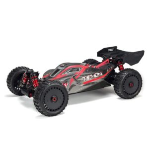 arrma rc car 1/8 typhon 6s v5 4wd blx buggy with spektrum firma rtr (ready-to-run), black and red, ara8606v5