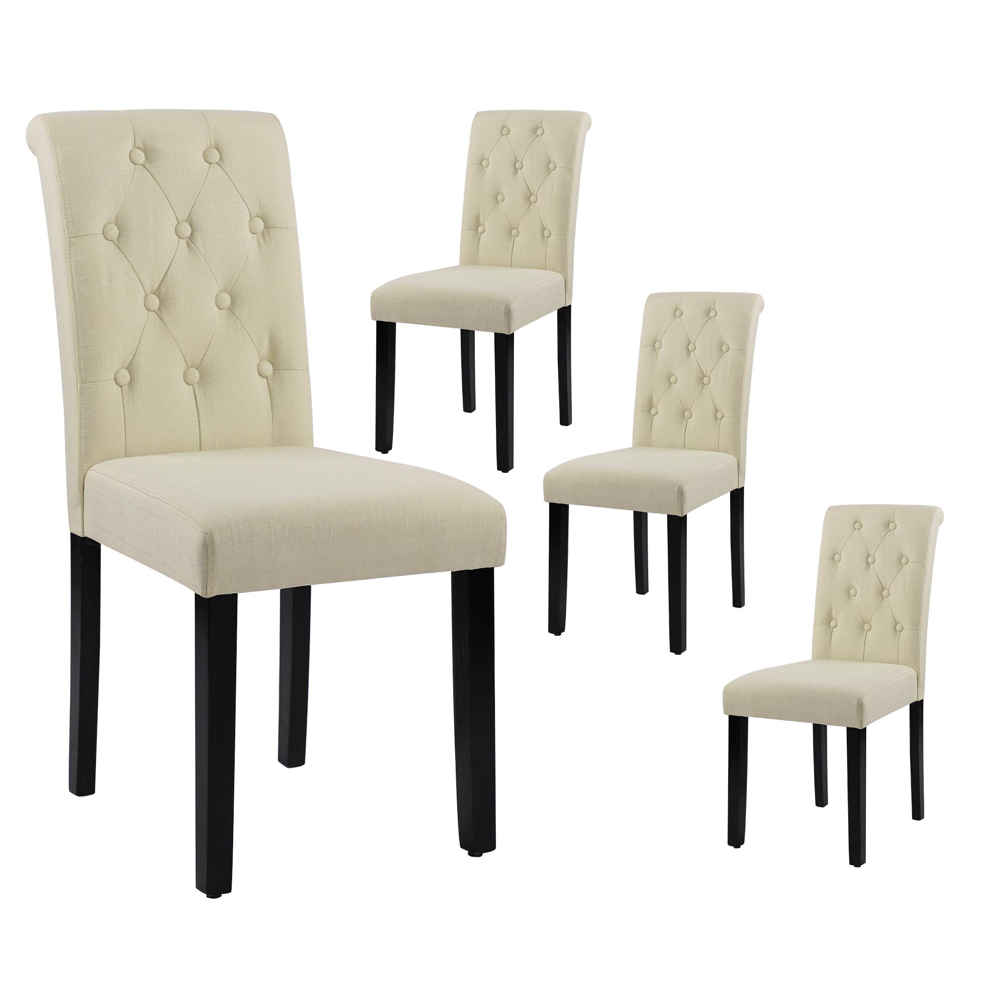 LSSBOUGHT Button-Tufted Dining Chairs Set of 4, Kitchen Chairs with Solid Wood Legs, Parsons Fabric Dinning Room Chairs with High Back, Padded Armless Side Chair for Kitchen Dining Room, (4pcs,Beige)