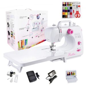 stitchtech portable multi-function home sewing machine 16 built-in stitches dual spread control reverse sewing with led light comes with an extension table and 42 pcs sewing kit