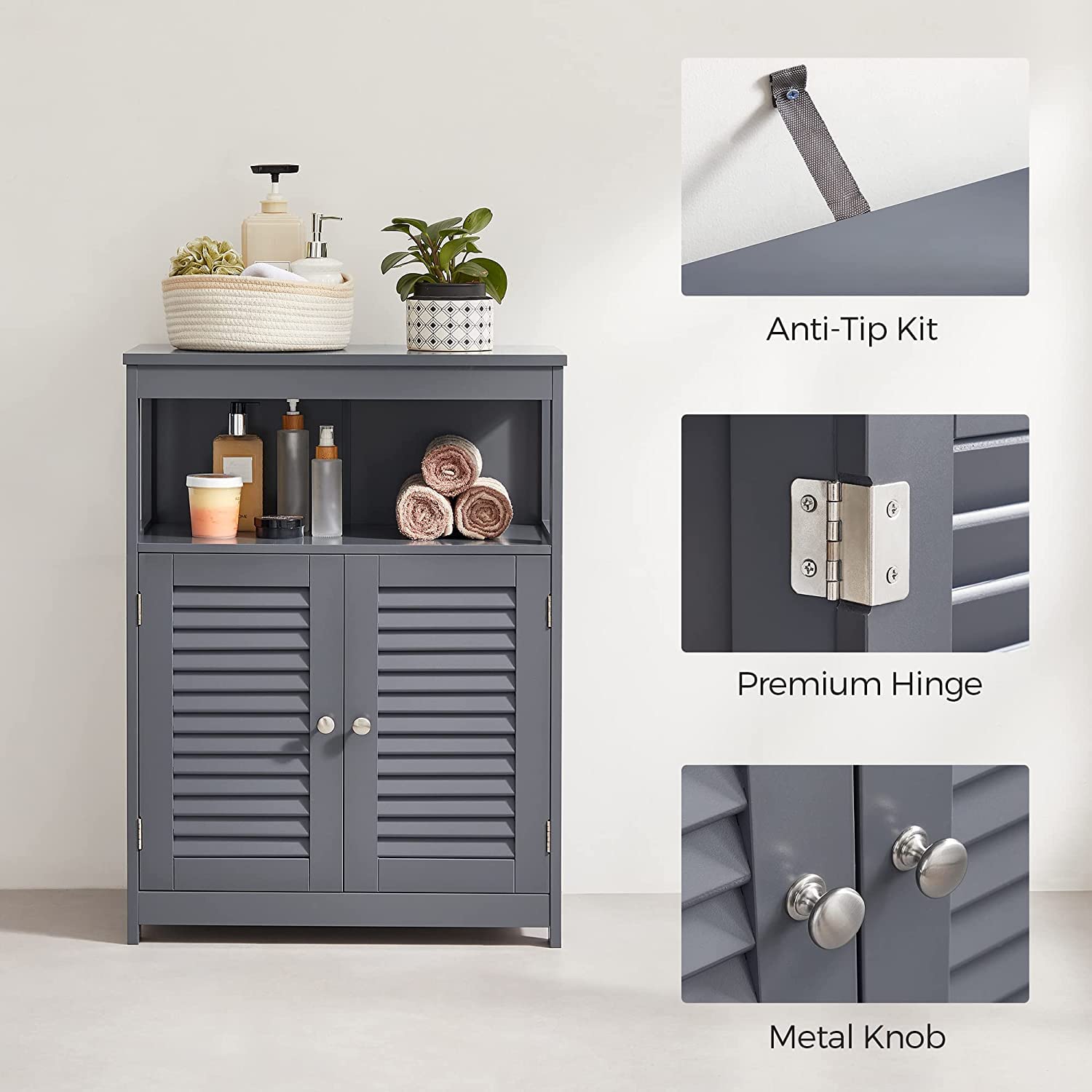 VASAGLE Bathroom Floor Cabinet, Bathroom Storage Cabinet, Freestanding, with Double Shutter Doors and Adjustable Shelf, for Bathroom, Living room, Entryway, Kitchen, Grey UBBC040G01