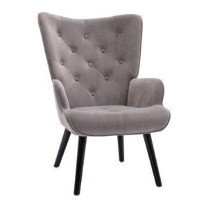 Dolonm Velvet Accent Chair Modern Tufted Button Wingback Vanity Chair with Arms Upholstered Tall Back Desk Chair with Solid Wood Legs for Living Room Bedroom Waiting Room(Silver Grey)