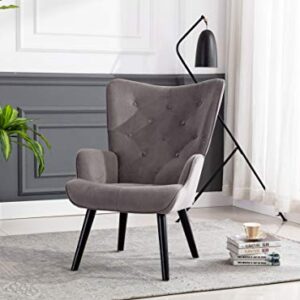 Dolonm Velvet Accent Chair Modern Tufted Button Wingback Vanity Chair with Arms Upholstered Tall Back Desk Chair with Solid Wood Legs for Living Room Bedroom Waiting Room(Silver Grey)