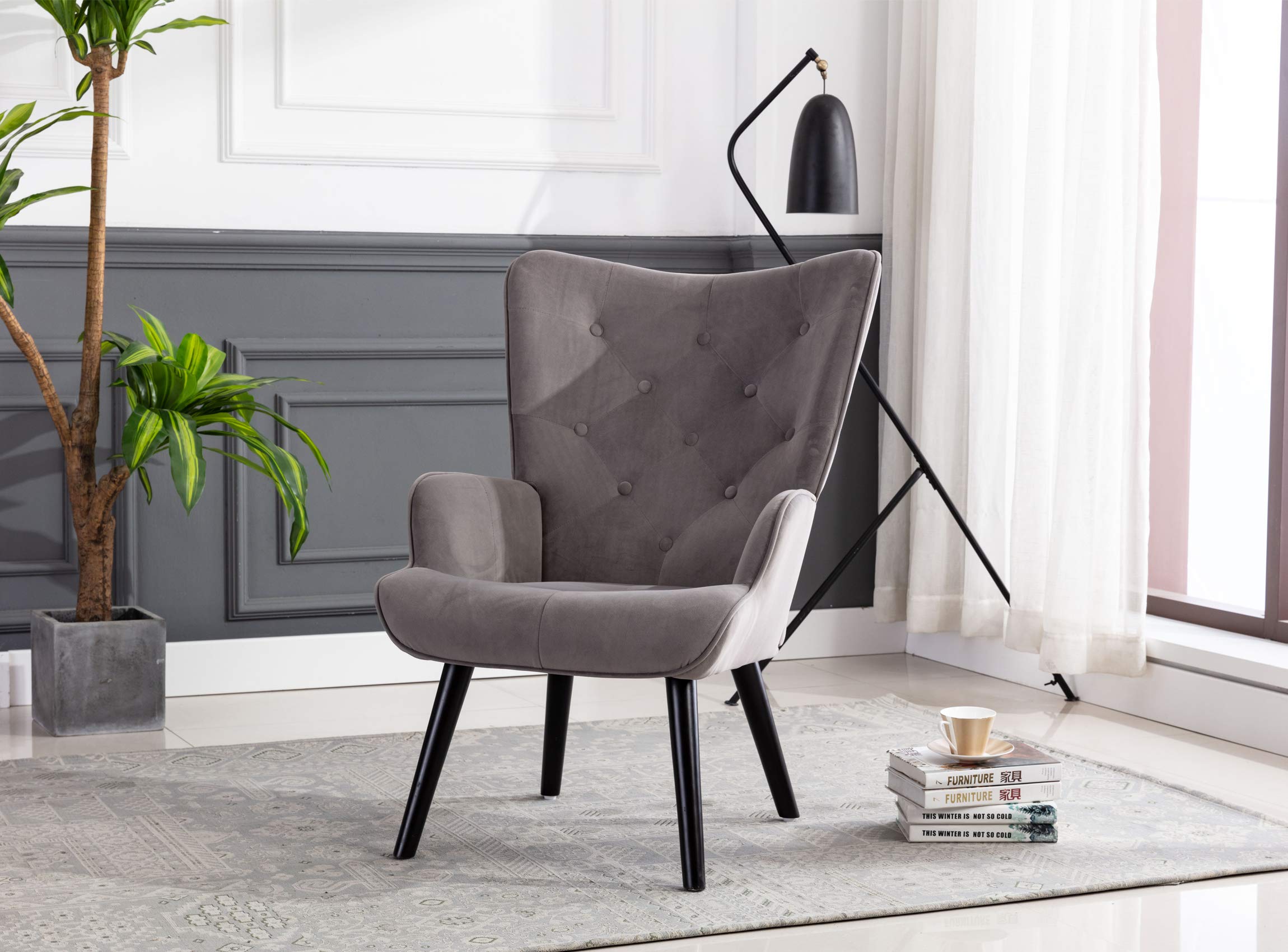 Dolonm Velvet Accent Chair Modern Tufted Button Wingback Vanity Chair with Arms Upholstered Tall Back Desk Chair with Solid Wood Legs for Living Room Bedroom Waiting Room(Silver Grey)