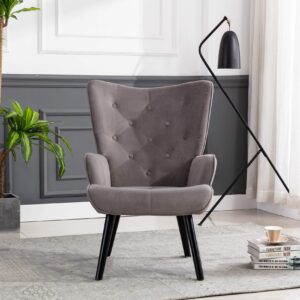 Dolonm Velvet Accent Chair Modern Tufted Button Wingback Vanity Chair with Arms Upholstered Tall Back Desk Chair with Solid Wood Legs for Living Room Bedroom Waiting Room(Silver Grey)