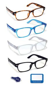 boost eyewear blue light blocking reading glasses, 4 pack, antiglare lenses, traditional style frames in 4 fashionable colors, for men and women, with spring loaded hinges (assorted colors, 1.25)