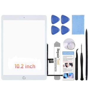 for ipad 7th/8th generation screen replacement digitizer 10.2"(a2197,a2198,a2200,a2270,a2428,a2429,a2430),for ipad 7/8 screen replacement parts(no lcd),+home button+pre-installed+repair tools(white)