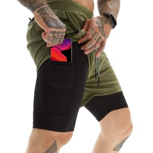 oebld mens athletic shorts 2-in-1 gym workout running 7'' shorts with towel loop army green