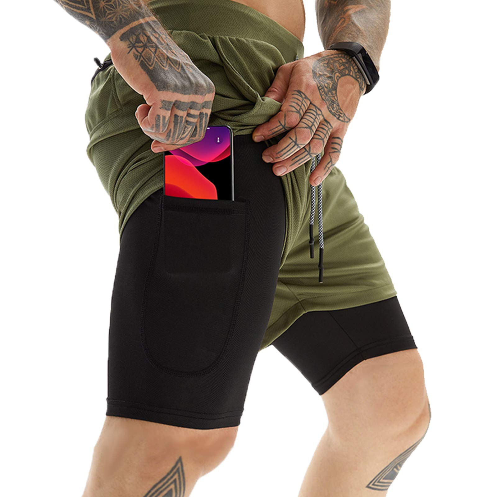 OEBLD Mens Athletic Shorts 2-in-1 Gym Workout Running 7'' Shorts with Towel loop Army Green