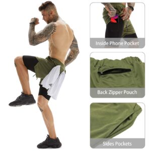 OEBLD Mens Athletic Shorts 2-in-1 Gym Workout Running 7'' Shorts with Towel loop Army Green