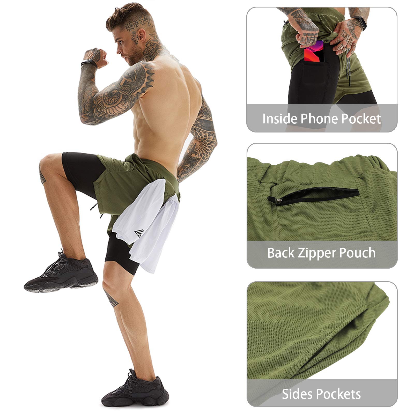 OEBLD Mens Athletic Shorts 2-in-1 Gym Workout Running 7'' Shorts with Towel loop Army Green