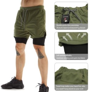 OEBLD Mens Athletic Shorts 2-in-1 Gym Workout Running 7'' Shorts with Towel loop Army Green