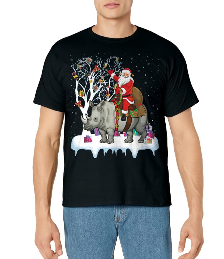 Rhinoceros Lover Xmas Gift Santa Riding Rhino Christmas T-Shirt