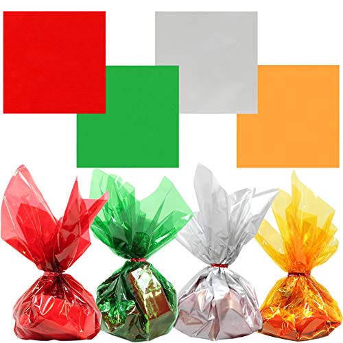 AnapoliZ Cellophane Sheets 120 pcs Pack | (12 x 12 inch) 4 Mix Colors 2.3 Mil | Translucent Holiday, Christmas Cello Sheets - Green, Red, Silver, Gold | Glossy Xmas Colors Sheets for Treats, Crafts