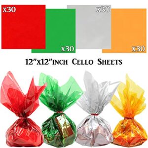 AnapoliZ Cellophane Sheets 120 pcs Pack | (12 x 12 inch) 4 Mix Colors 2.3 Mil | Translucent Holiday, Christmas Cello Sheets - Green, Red, Silver, Gold | Glossy Xmas Colors Sheets for Treats, Crafts