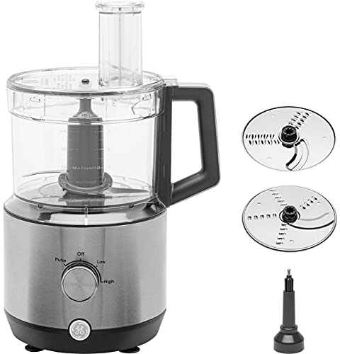 GE Food Processor | 12 Cup | Complete With 3 Feeding Tubes, Stainless Steel Mixing Blade & Shredding Disc | 3 Speed | Great for Shredded Cheese, Chicken & More | Kitchen Essentials | 550 Watts